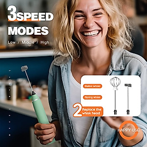 Laposso Milk Frother Rechargeable Handheld Electric Whisk Coffee Frother Mixer with 2 Stainless whisks 3 Speed Adjustable Foam Maker Blender for Coffee Matcha Latte Cappuccino(Avocado Green)