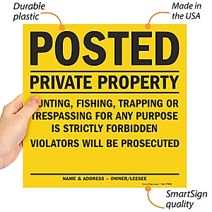 Smartsign “Posted - Private Property, Violators Will be Prosecuted” Sign | 11" x 11" Plastic (Pack of 5)