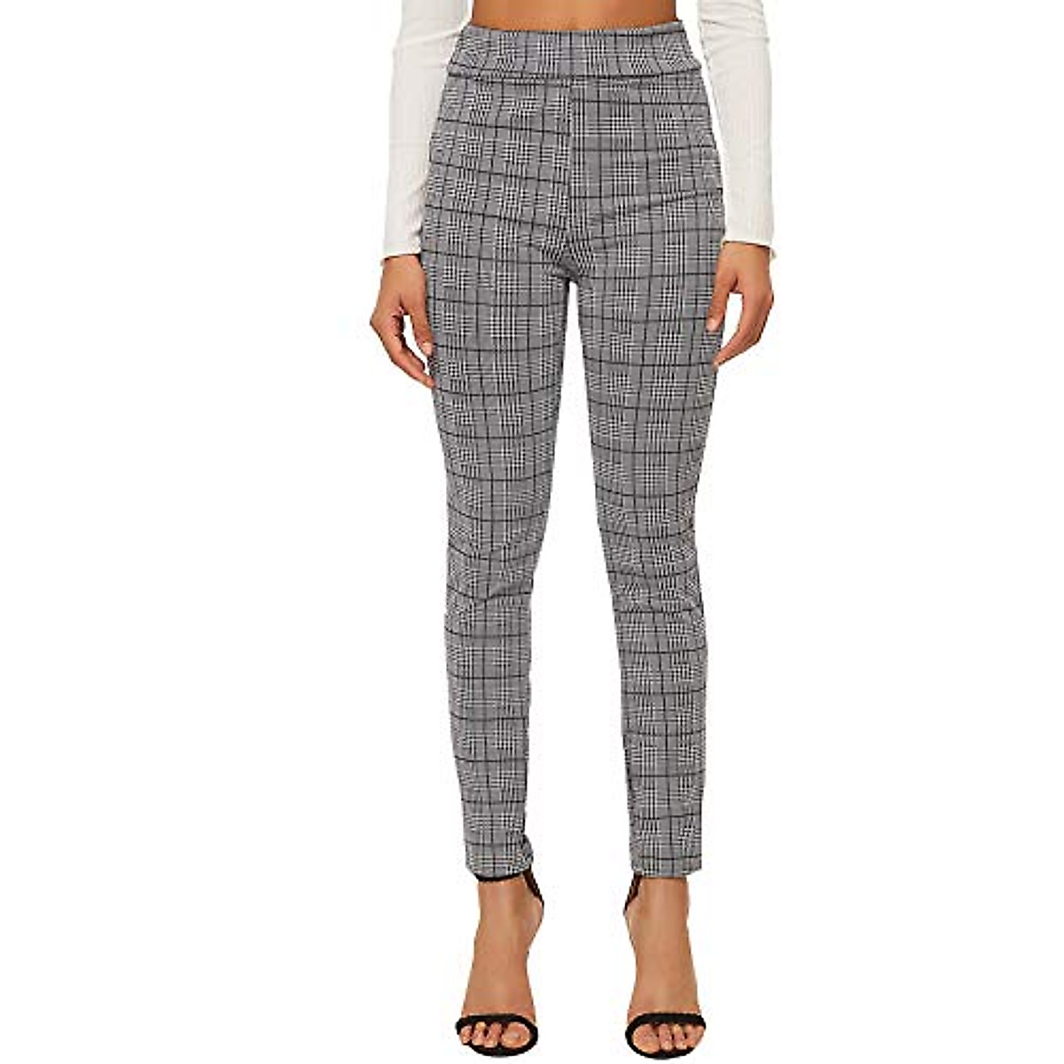 SweatyRocks Women's Casual Skinny Leggings Stretchy High Waisted Work Pants Black White Plaid Medium