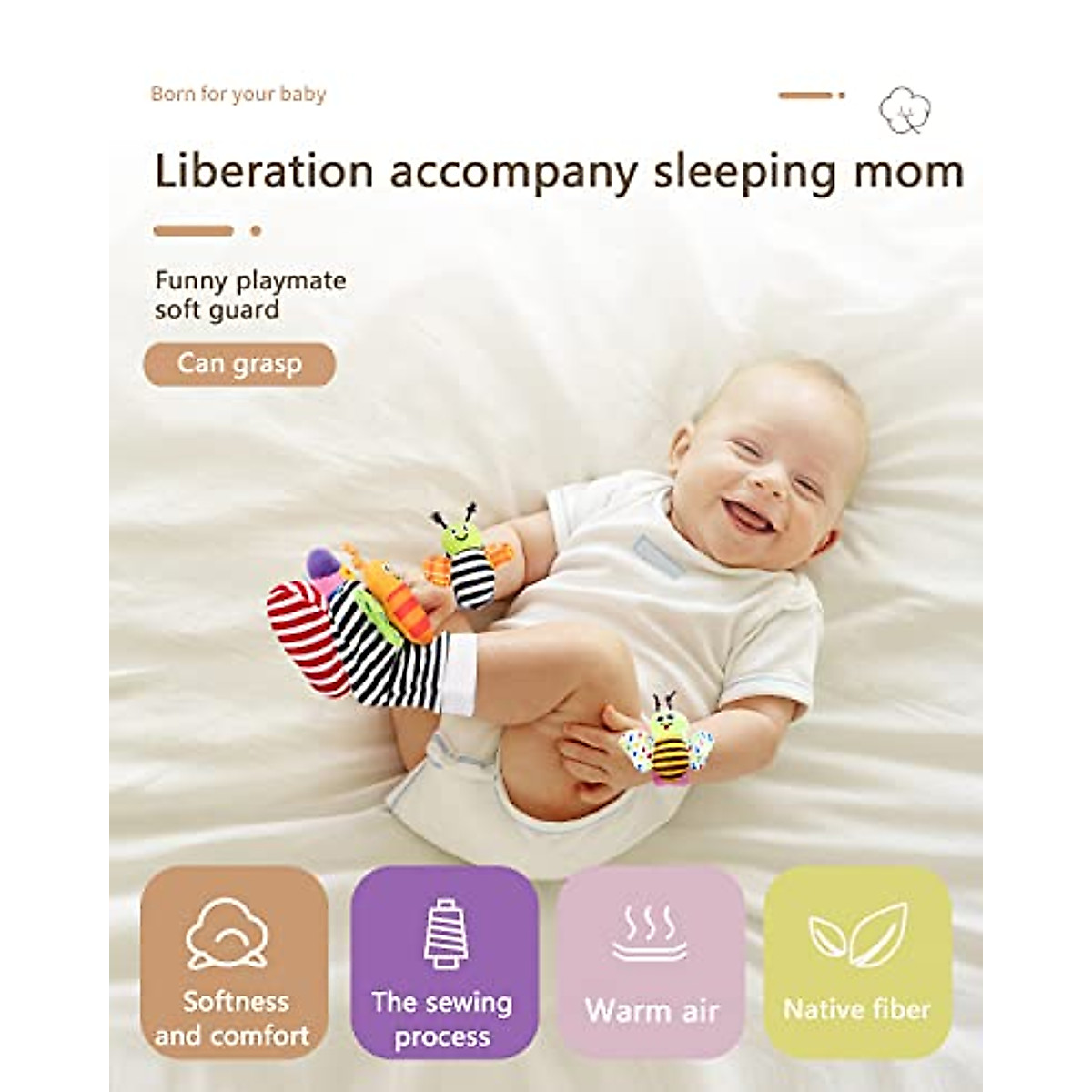 Newborn Baby Soft Rattle, Hand Bracelet Wrist Rattle Toy Foot Finder Sock, Arm Leg Babies Development Toys for Infant Bebe Boy & Girl (MG-8 PCS)