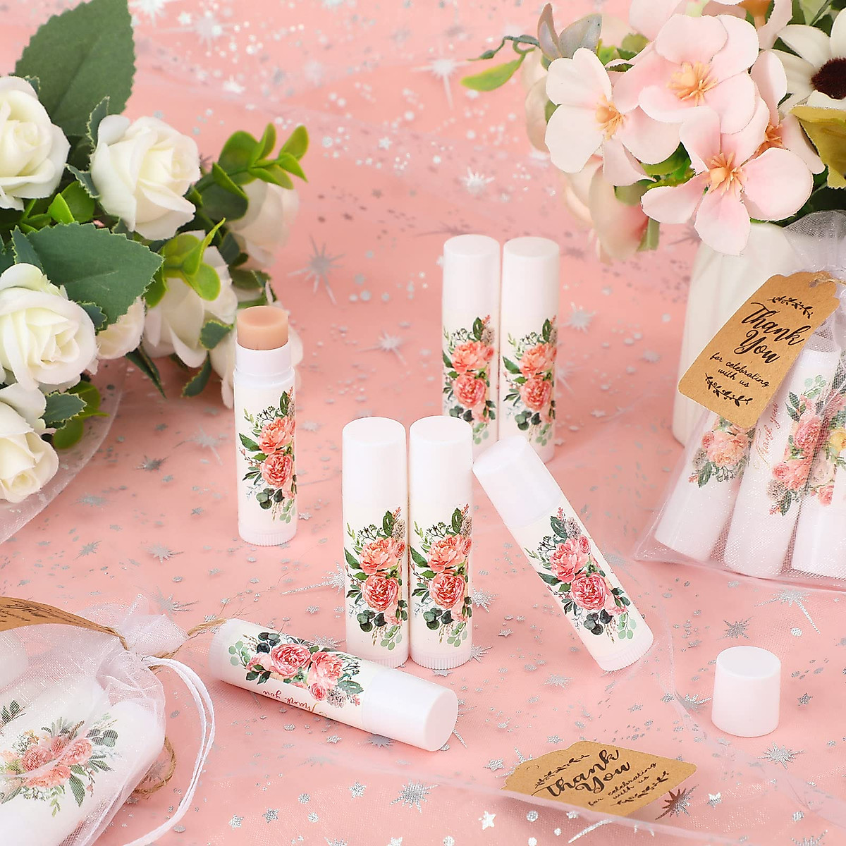 Siifert 50 Pcs Wedding Bridal Shower Lip Balm Bulk Floral Wedding Bachelorette Favor Vanilla Lip Balm Favors Chapped Sticks Pack Bulk Bridesmaid Gifts Small Thank You Gifts for Women Guests