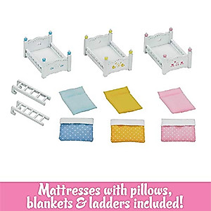 Calico Critters Triple Baby Bunk Beds, Dollhouse Toy Furniture, Multicolor, basic (CC2624), Set includes three beds, three mattresses with pillows, three blankets and two ladders