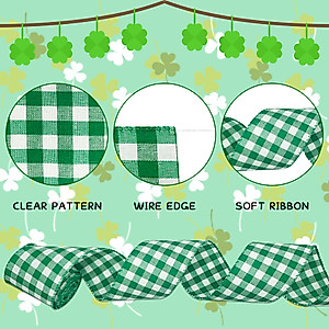 2 Rolls Buffalo Plaid Wired Edge Ribbons 2.5 Inch Wide St Patrick's Day Green Fabric Ribbons Irish Festival Burlap Ribbons for Gift Wrapping Wreath Party Decoration DIY Craft Supplies, 12 Yards