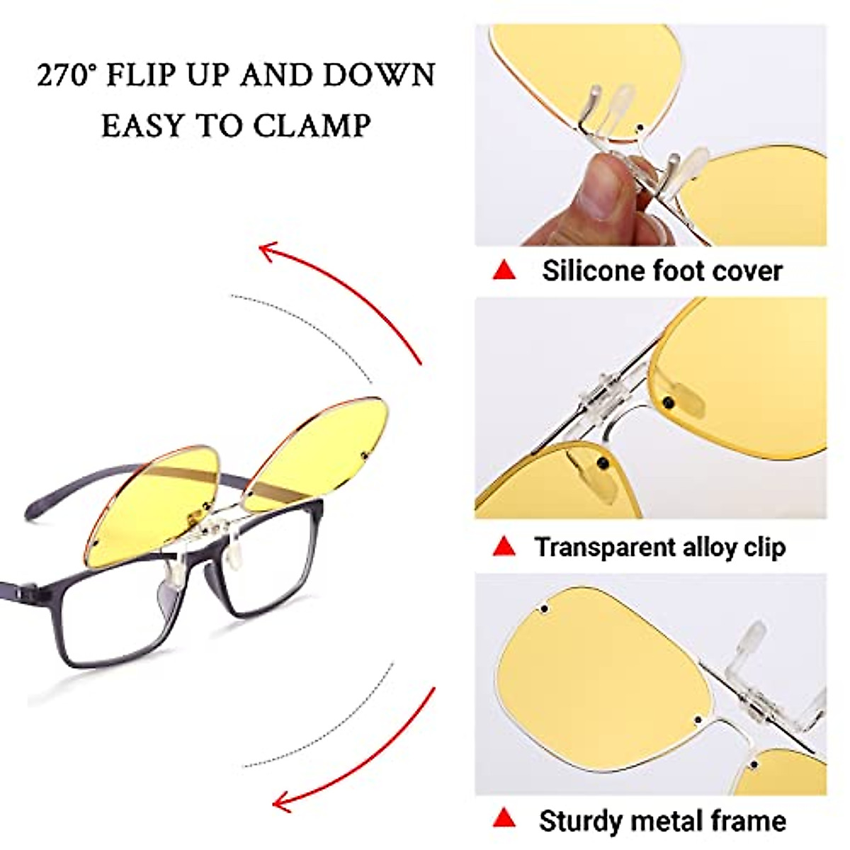 TERAISE Clip-on Night Vision Glasses Flip up to Wear Over Prescription Glasses women and men HD Polarized Anti Glare，night driving glasses Suitable for Outdoor/Driving UV400(Yellow)