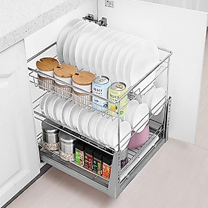 Dish rack Kitchen Sliding Cabinet, Professional Chromed Metal Slide Cabinet Pull Out Organizer Wire Storage Basket Drawer Kitchen Cabinets for Base Cabinets