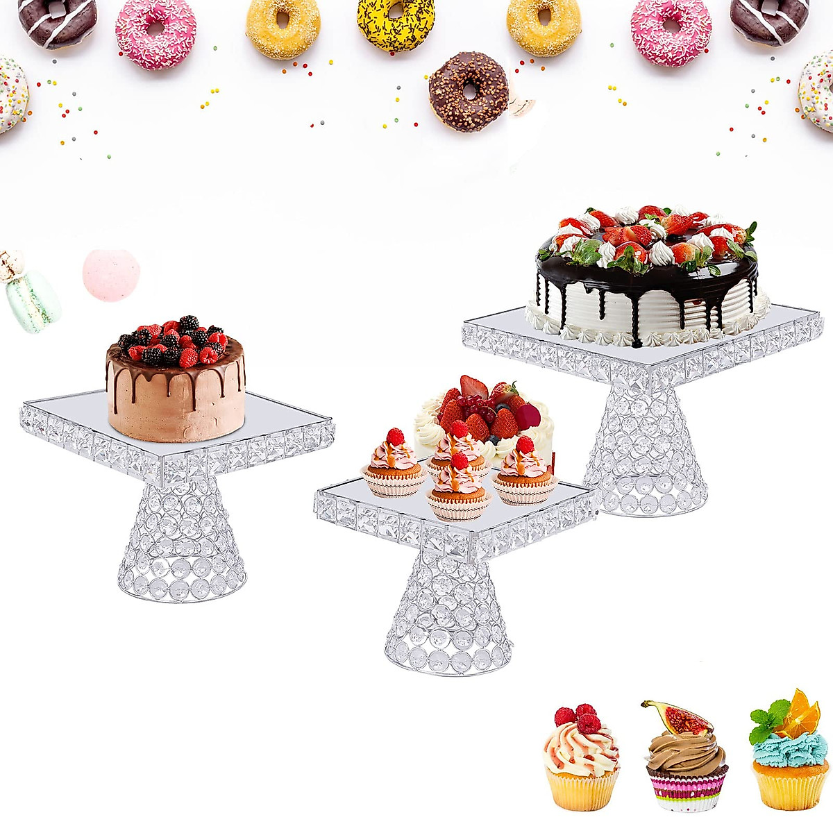 3pcs Crystal Cake Stand, Mirror Cake Tray Dessert Cupcake Pastry Candy Display Plate for Christmas Wedding Event Party Decoration (Silver)