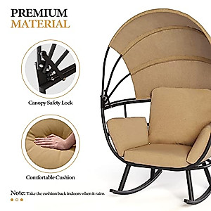 Crestlive Products Patio Egg Chair, Outdoor Indoor Rocking Sofa Chair with Folding Canopy, All Weather Aluminum Lounge Chair w/Cushion & Sun Shade Cover for Living Room, 265lb Capacity (Black & Tan)