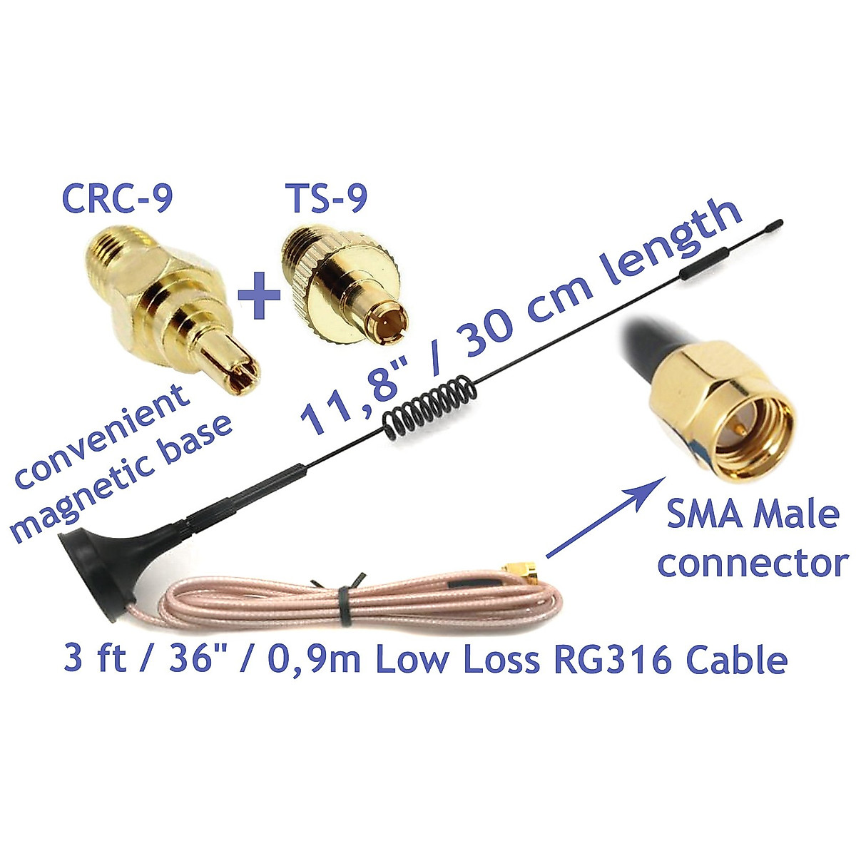 Universal Kit of 3G 4G LTE Dipole Antenna Wide Band 7dBi 698-2700Mhz Omni Directional GSM on Magnetic Base RG316 3ft/0.9m Low Loss Cable with SMA Female to TS-9 and CRC9 for any Devices as Verizon