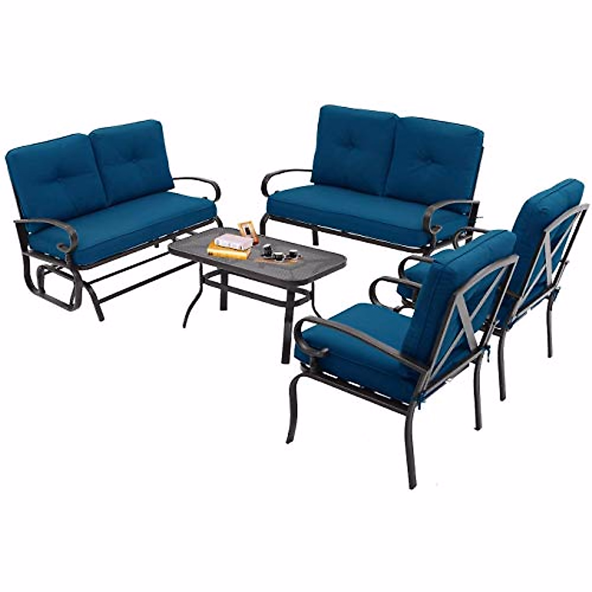 Patiomore 5 Pcs (6 Seats) Outdoor Patio Furniture Conversation Sets, Glider, Loveseat and Coffee Table, 2 Lounge Chairs with Cushions (Peacock Blue)