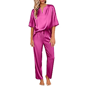 Ekouaer Satin Pajama Set Womens Silk Short Sleeve V Neck Shirt with Long Pant Soft Loungewear Pjs Set Plum