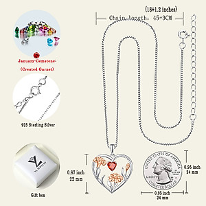 YL Birth Flower Necklace 925 Sterling Silver Love Heart Carnation Flower Pendant Created Garnet Jewelry for Women