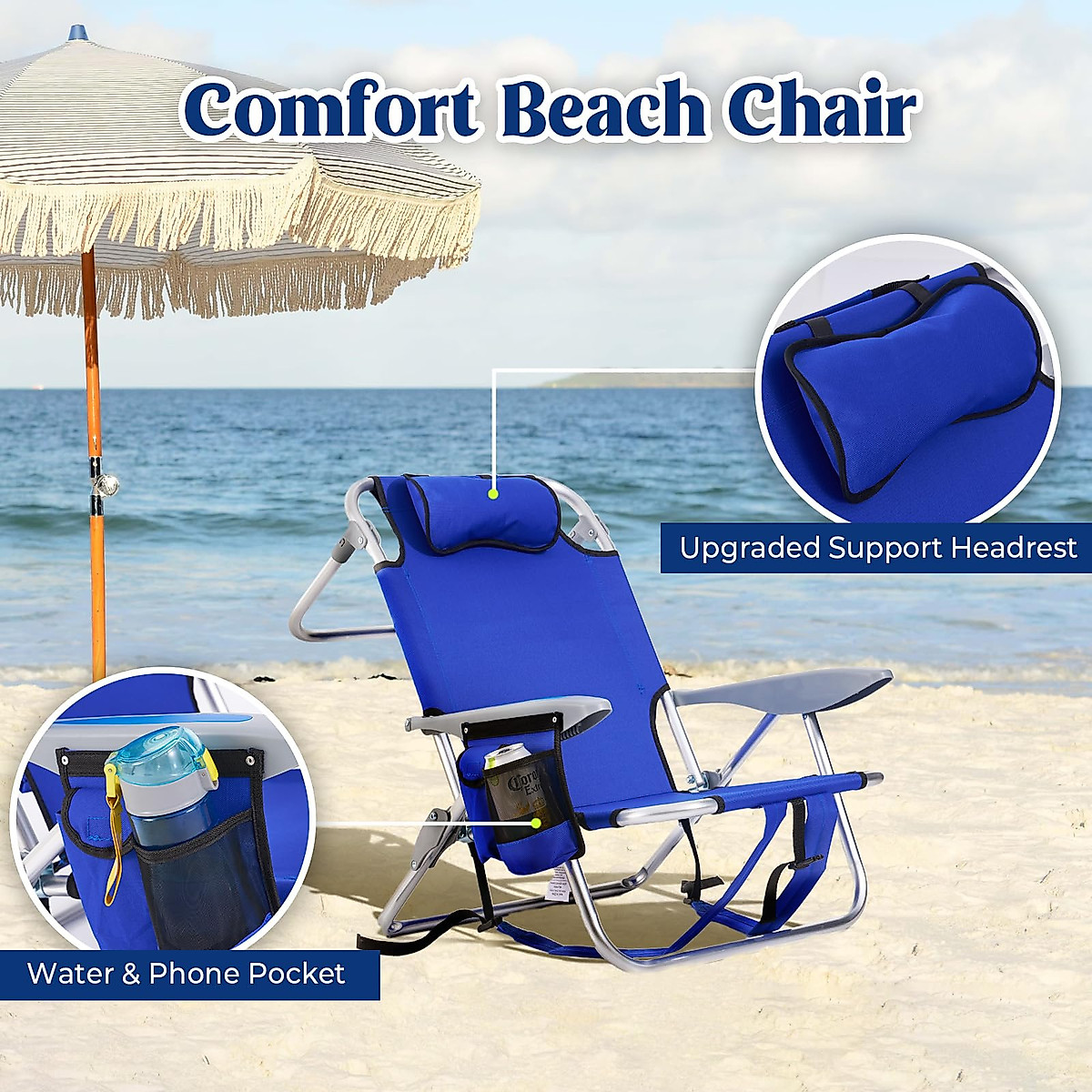 Canpsky Portable Beach Chair for Adults, Outdoor Lightweight Camping Chair Lay Flat Folding Backpack Beach Reclining Chair with 4 Positions, Headrest, Cooler Pouch, Cup Holder, New Striped