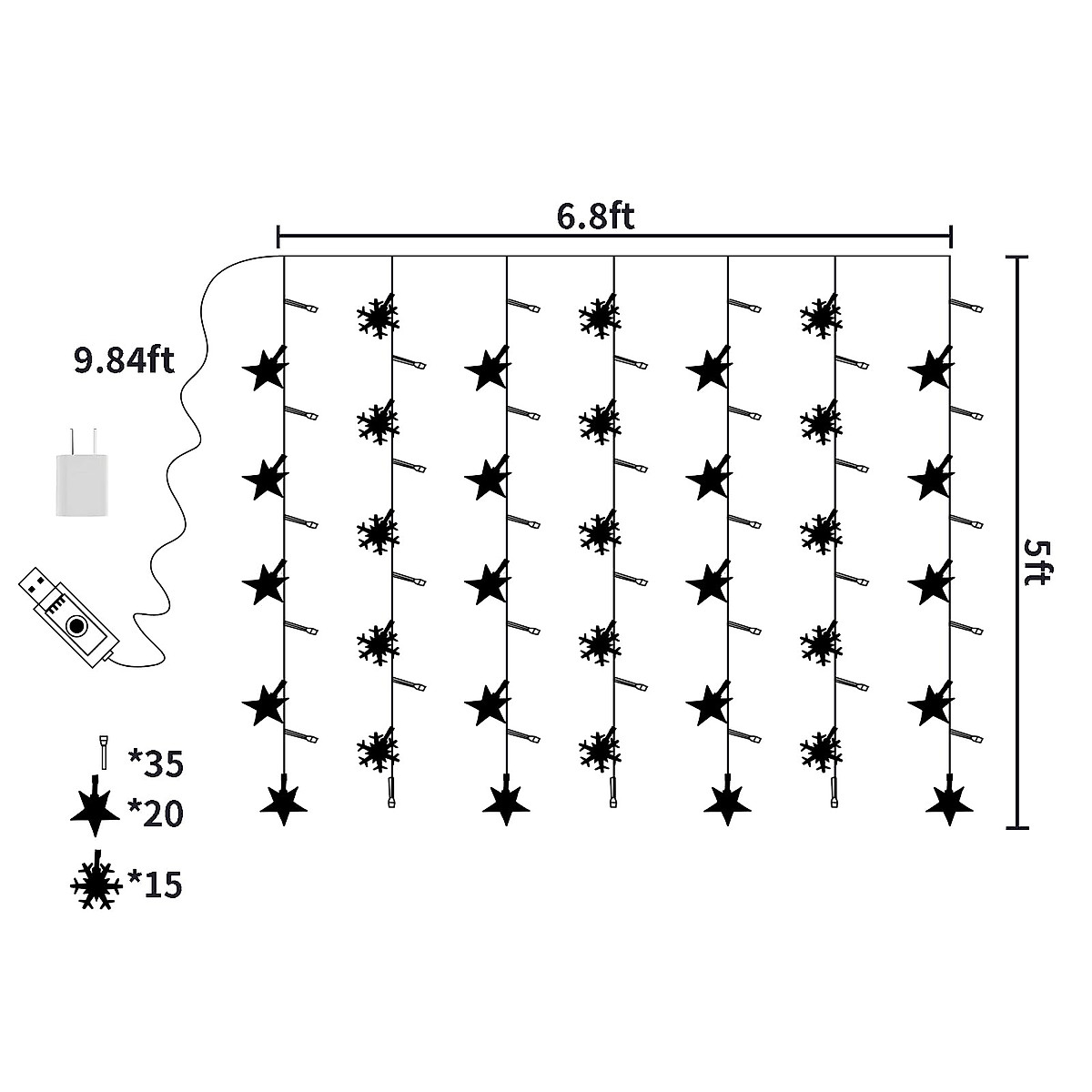 Newhale 8 Modes Christmas Curtain String Lights with Snowflake and Star, USB Plug in Wall Lights Christmas Decorations for Indoor or Outdoor, Christmas Window Lights Decor, Warm White