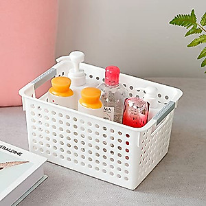 Whale Pocket 6 PCS Plastic Storage Basket, Slim White Organizer Tote Bin Shelf Baskets for Closet Organization, De-Clutter, Toys, Cleaning Products, Accessories 12.2x 8.6x 7in