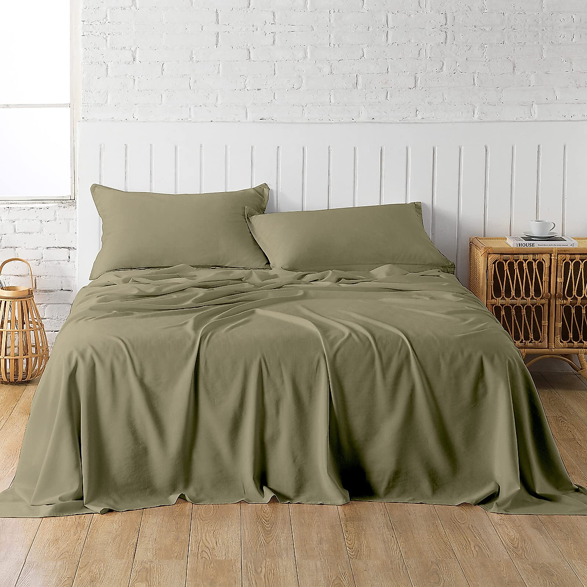 Olive Green Linen-Textured Bed Sheets Set, Bamboo Rayon , Cotton , Linen Blend Bed Sheets Full Size, Soft Cool & Breathable for Hot Sleepers,Durable Natural Organic Bed 15'' Deep Pocket - 4 Piece