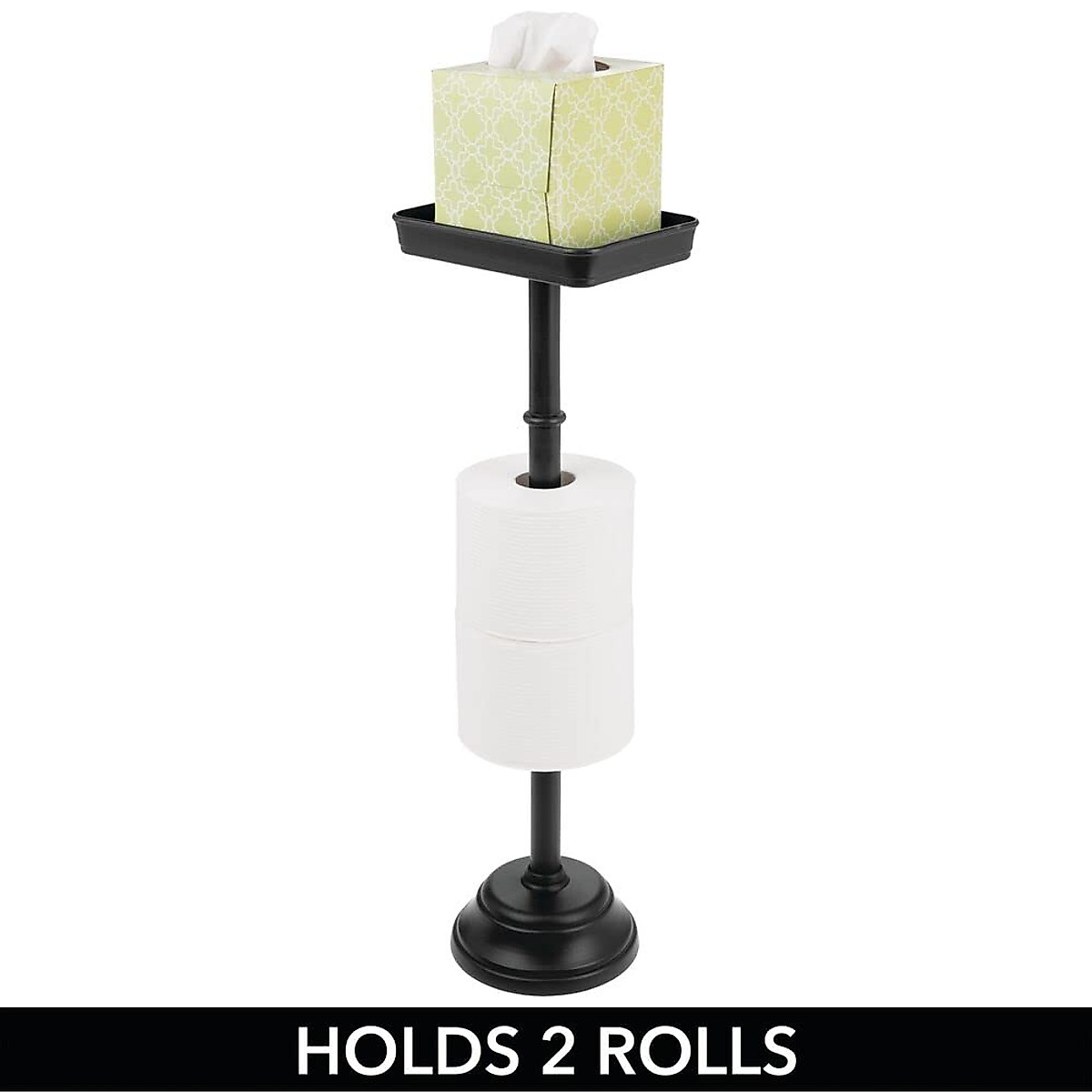 mDesign Modern Plastic Freestanding Storage Tray Stand, Pedestal with Storage Capacity for 2 Rolls of Extra Reserve Toilet Paper - Top Tray for Cell Phone, Book, Spray - Bathroom Organization - Black