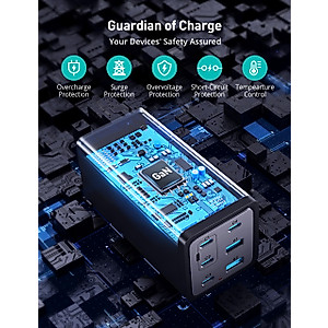 Alfox 200W USB C Charger, 6 Ports GaN PD140W Fast Charging Station, Portable Laptop Charger Block, Compatible with MacBook Pro/Air, iPad Pro/Air, iPhone 15 Pro Max/14, Steam Deck, Dell XPS, HP