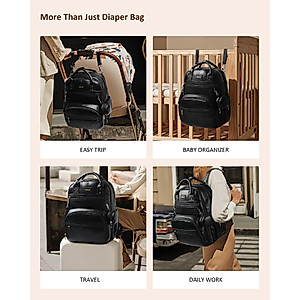 Leather Baby Diaper Bag Backpack with Portable Travel Changing Pad Girl Boy, Large Dad Black Diaper Bags Pacifier Case Stroller Straps, Baby Registry Search Shower Gifts Stuff Newborn Must Haves