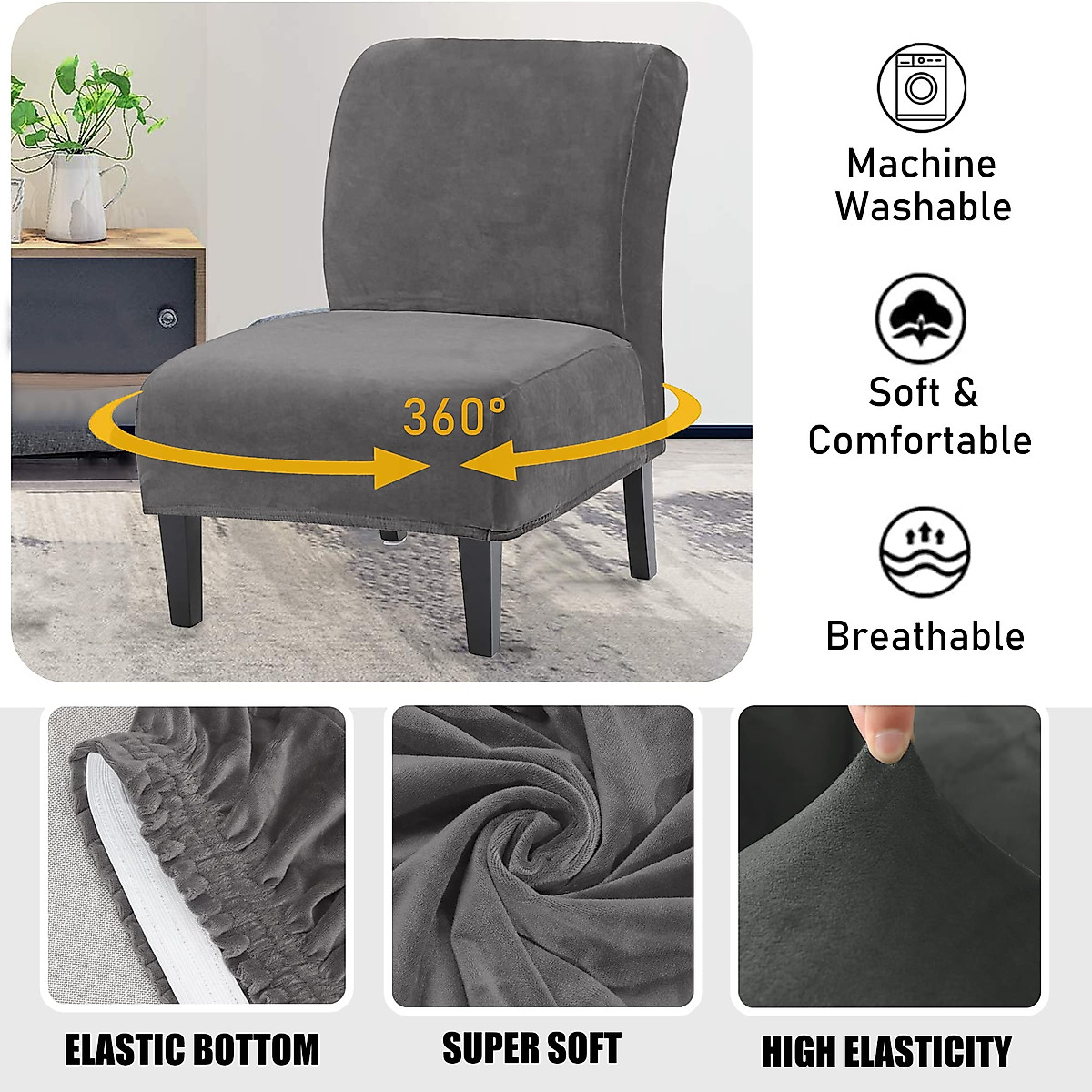 UCCONO Armless Accent Chair Slipcovers, Thick Velvet Slipper Accent Chair Covers Hotel Oversized Big Chairs, Removable Furniture Protector with Elastic Bottom, Machine Washable (Grey)