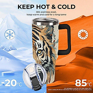 MNVTSKOP 40 Oz Tumbler With Handle And Straw Black Year of The Tiger Tiger Face Printed Stainless Steel Car Cup Coffee Mug Leak Proof Insulated Water Bottle for Travel Camping Gym