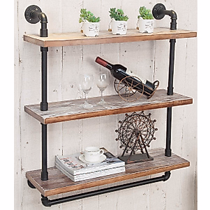 DOFURNILIM Industrial Retro Wall Mounted Iron Water Pipe Shelf - Hung Bracket - DIY Storage Shelving Bookshelf - Wood Shelf (Floating shelves-24“W)