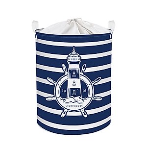 Clastyle 45L Nautical Compass Laundry Hamper Waterproof Collapsible Navy Stripe Laundry Baskets with Drawstring Bedroom Living Room Nursery Storage Basket with Handle, 14 * 17.7 in