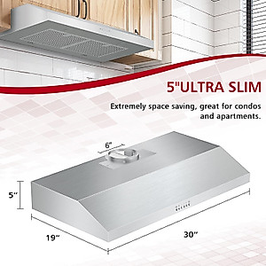 ONEEON 30'' Slim Under Cabinet Range Hood - 4-Speed Exhaust Fan, 2 Reusable Filters, Bright LED Lights, Stainless Steel Finish - All You Need for a Clean and Stylish Kitchen