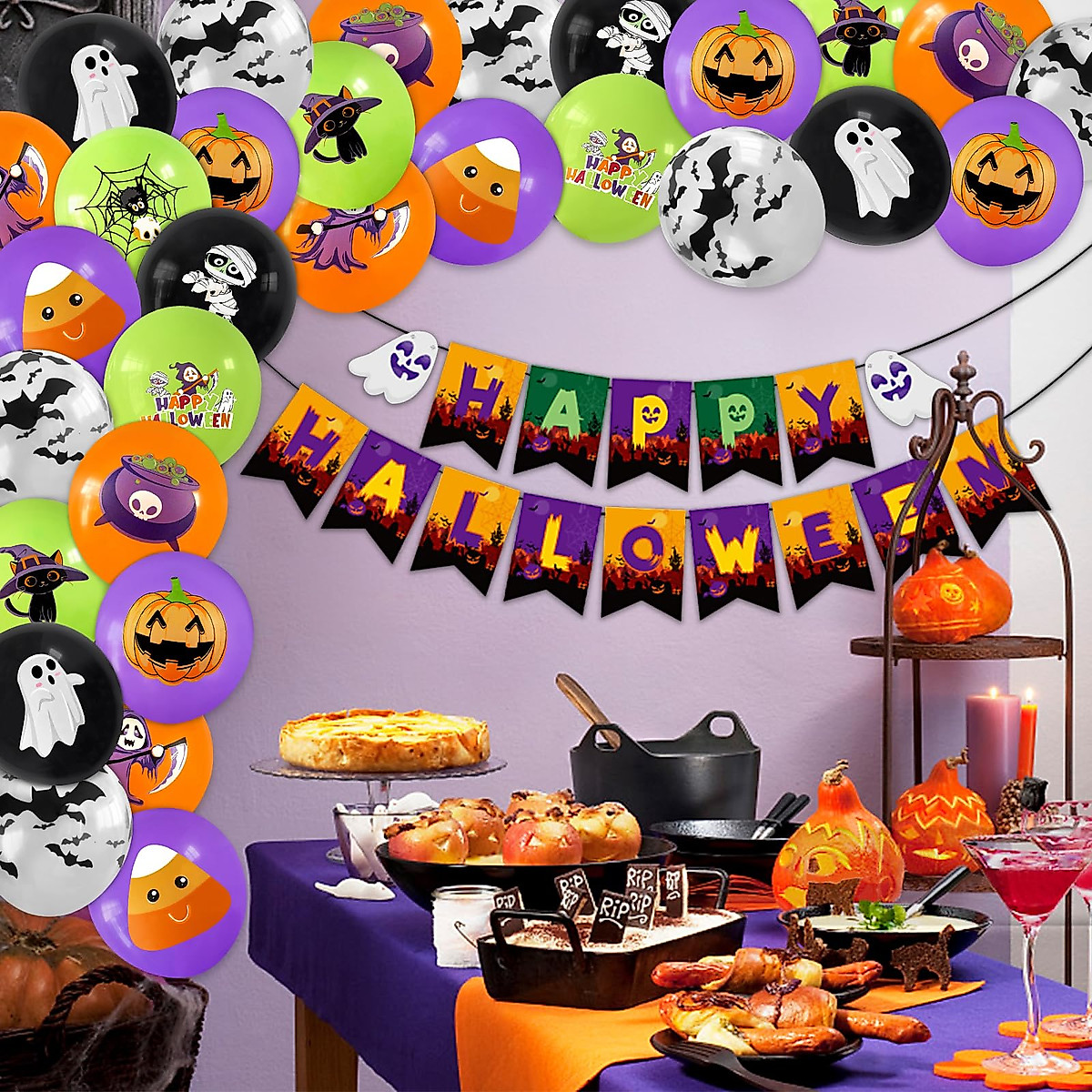 60Pcs Halloween Balloons, 12" Orange Black Purple Green Halloween Party Ballons, Pumpkin Bat Ghost Halloween Theme Latex Ballons for Halloween Birthday Party Decorations Halloween Decorations (A)