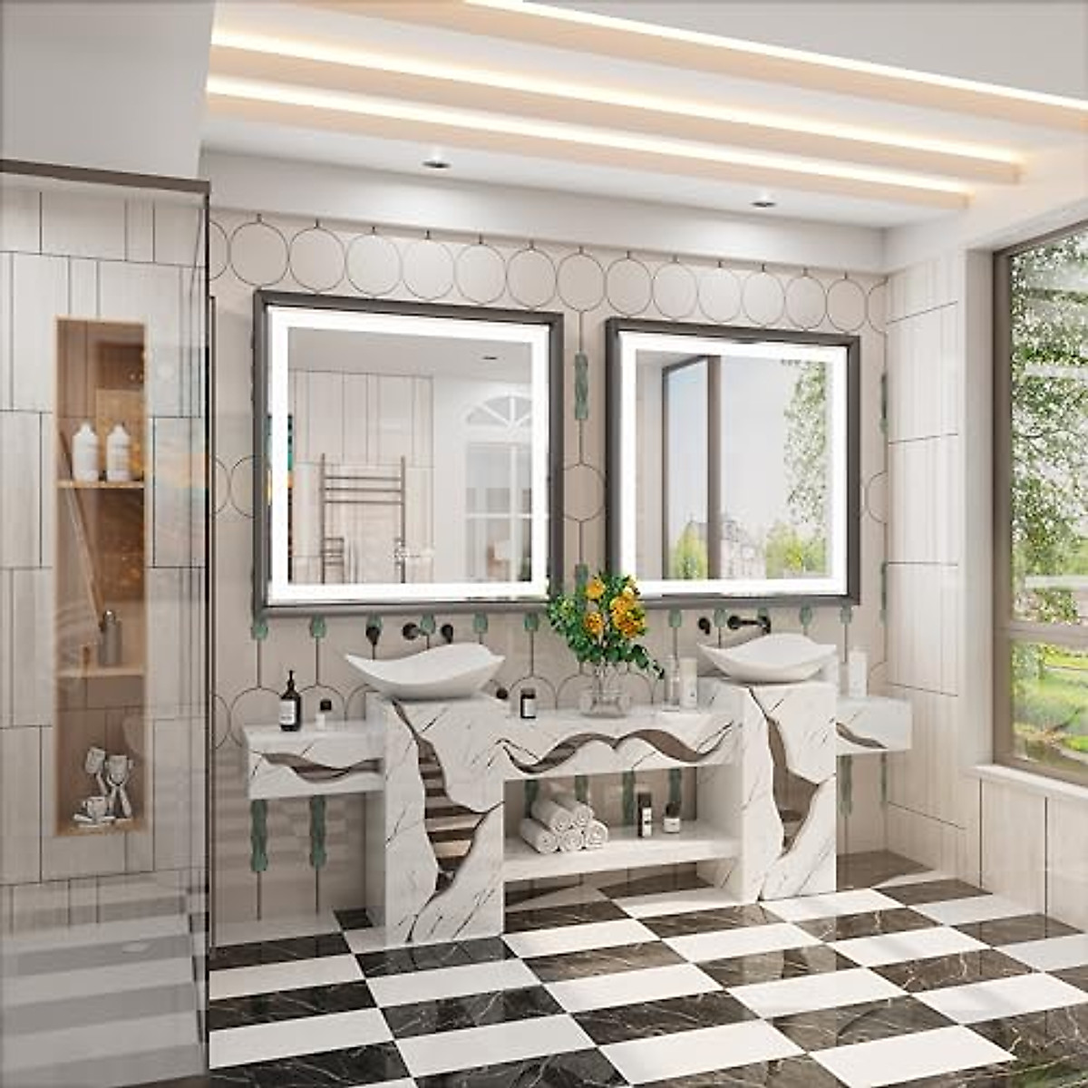 JSneijder 32x32 Inch LED Bathroom Mirror with Lights - Black Frame Lighted Mirror for Bathroom - Wall Mounted Dimmable Anti-Fog LED Vanity Mirror - Horizontal/Vertical, 6000K