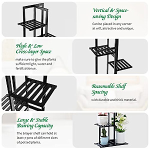 Gar-Life Bamboo Plant Stand for Indoor&Outdoor Plants 6 Tier 7 Potted Multiple Flower Pots Holder Shelf Rack Display stand for Patio Garden, Living Room, Corner Balcony and Bedroom (Black)