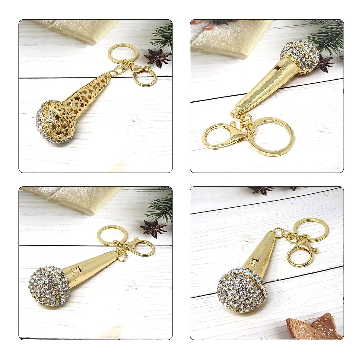 Honbay 1PCS Rhinestone Microphone Keychain Sparkling Music Voice Bag Keyring Musically Key Chain Decor in A Box for Bag Purse Wallet Handbags Backpack