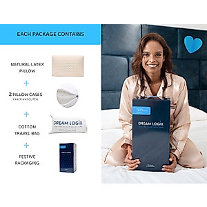 Talalay Natural Latex Foam Pillow DreamLogix - Queen Size Medium Soft Pillow for Sleeping, Side, Stomach & Back Sleepers, Neck Support, 100% Cotton Cover (Medium Soft, Queen Size 28''x16''x6'')