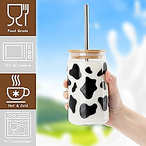Nefelibata Cow Print Beer Can Glass with Bamboo Lid Metal Straw and Cleaning Brush 16oz Iced Coffee Cup Tumbler Glass Tea Milk Soda Cute Animal Mug Gifts for Cow Lovers Kitchen Bar Summer