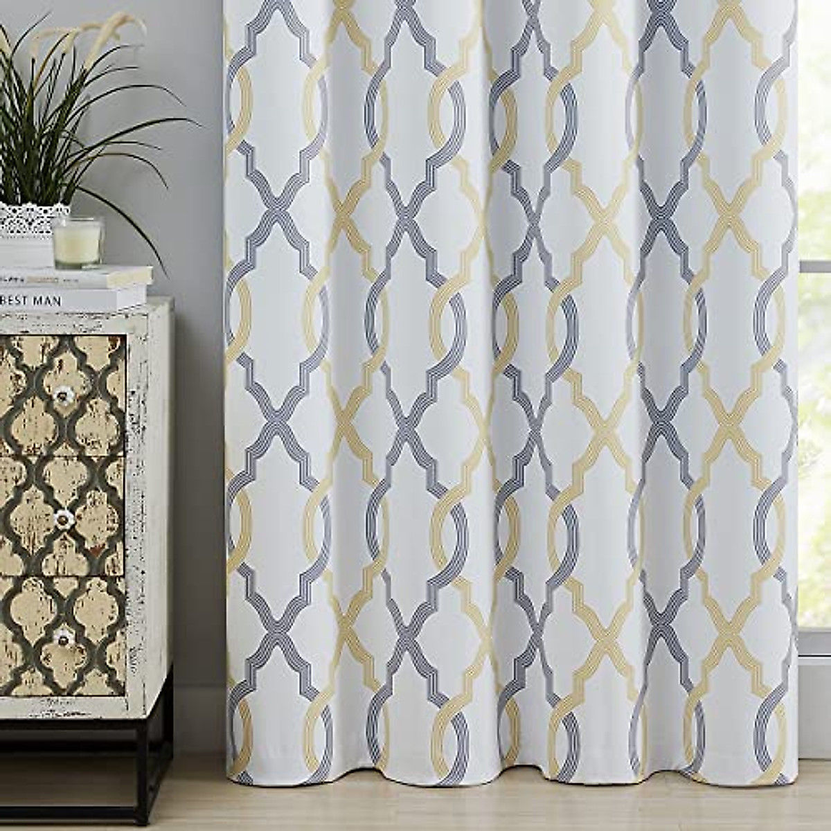 UGOUTRY Yellow Grey 84 Inch Long Full Blackout Curtains for Bedroom, Holiday Thermal Insulated Grommet Window Treatments, Geometric Patterned Drapes 2 Panels, 52'' W
