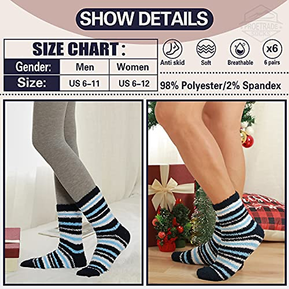 Fuzzy Slipper Socks with Grips for Mens Womens Non Slip Hospital Socks Anti Skid Winter Fluffy Warm Cozy Cabin Soft Crew Sleep Socks 6 Pairs Gift Stocking Stuffer (Stripes Pattern B)