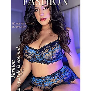 Avidlove Women Lace Lingerie Set with Garter Belt High Waist Bra and Panty Set Sexy Boudoir Outfits (Blue,XL)