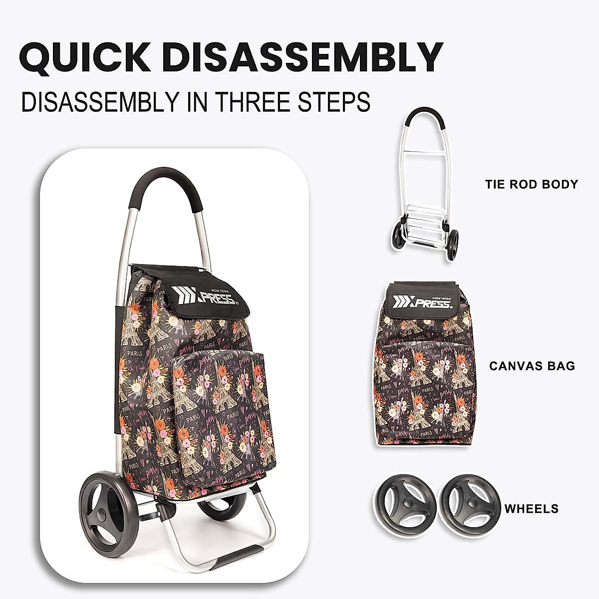 Foldable Shopping Cart,Shopping Cart for Groceries w/Removable Wheels & Bag,Rolling Personal Handtruck Standard #Tower