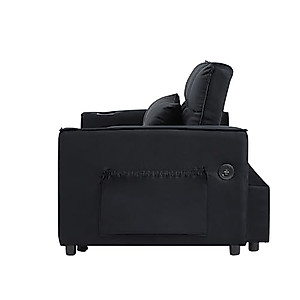 FANYE 3 in 1 Loveseat Pull Out Sleeper Bed, Compact 2 Seater Futon Adjustable Backrest Love Seat Sofa & Couch Convertible Sleep Daybed for Living Room Sofabed, Black Full W/Cupholders and USB Port