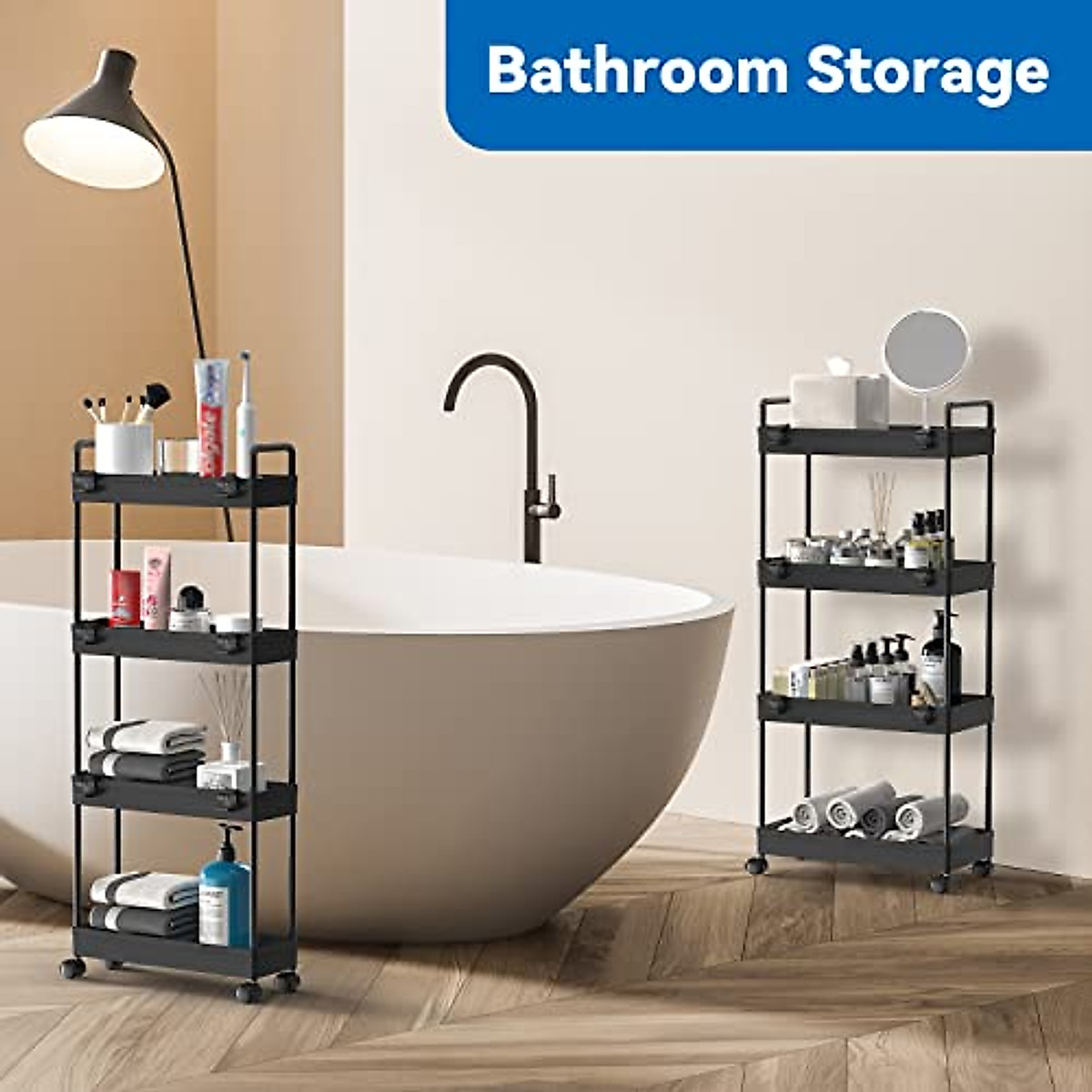 2 Pack 4 Tier Slim Storage Cart, Bathroom Organizer Laundry Room Organization Mobile Shelving Unit Slide Out Utility Rolling Rack with Wheels for Kitchen Garage Office Small Apartment Narrow Space
