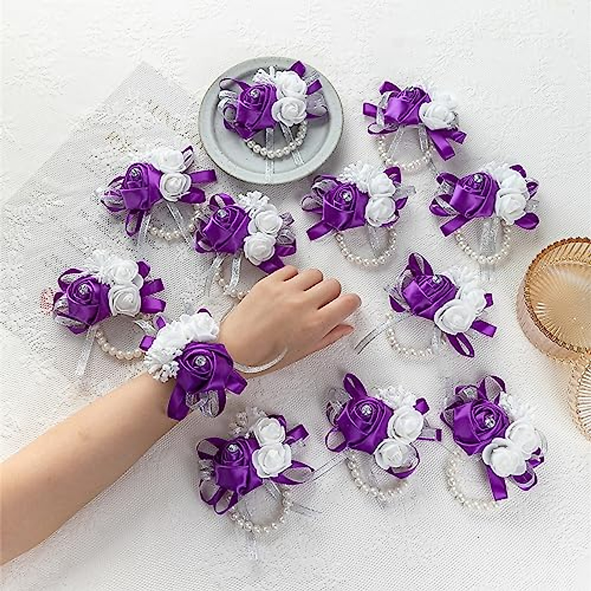 WeddingBobDIY 12Pcs/lot Women Bride Bridal Bridesmaid Wrist Corsage Silk Rose Pearls Girls Wedding Hand Flowers Party Decoration (Purple)