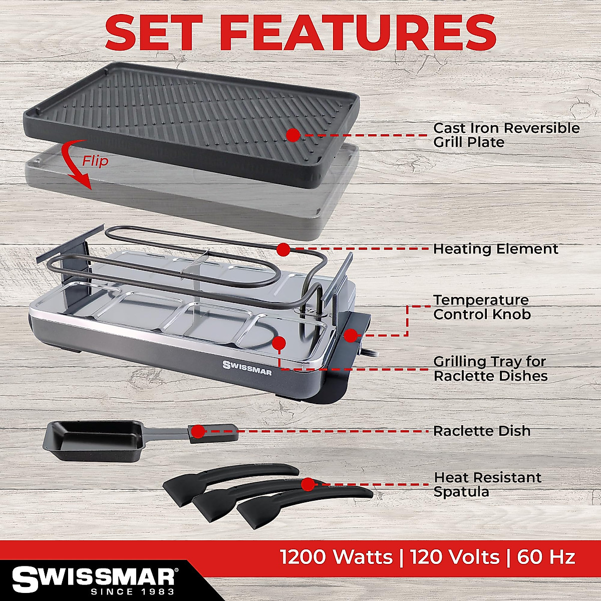 Swissmar Classic 8-Person Raclette Party Grill - Indoor Electric Grill & Griller with Reversible Cast Iron Grill Plate/Crepe Top - Anthracite Black