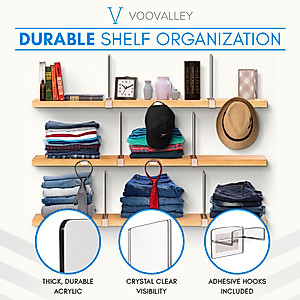 VooValley 4Pcs Clear Acrylic Shelf Dividers for Closets, Vertical Shelves - Sturdy Closet Shelf Organizer with 4 Hooks and Tape - Easy to Install Tall Shelf Separators for Bathroom, Pantry, and More