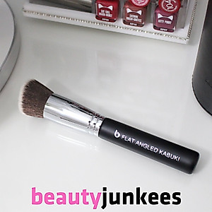 Flat Angled Kabuki Bronzer Brush - Beauty Junkees Contour Brush with Soft Dense Synthetic Bristles for Contouring, Blending, Buffing with Powder Cream Liquid Cosmetics, Vegan Makeup Brushes