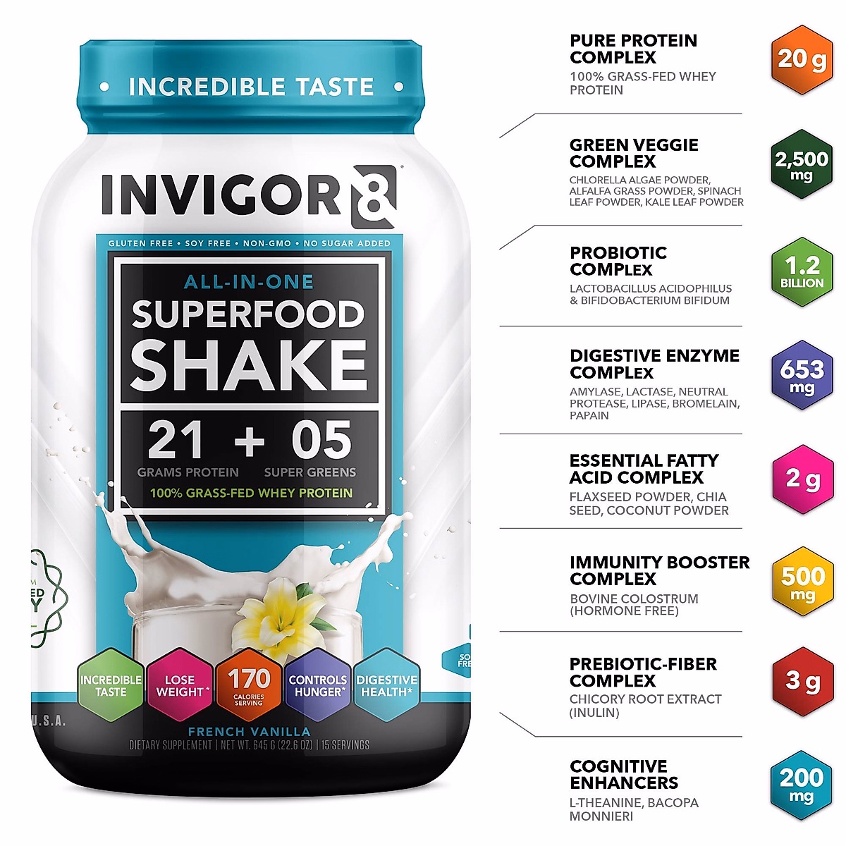 INVIGOR8 Superfood Shake (Vanilla & Salted Caramel Bundle) Gluten-Free Non GMO Meal Replacement Grass-Fed Whey Protein Shake with Probiotics and Omega 3 (1290g)