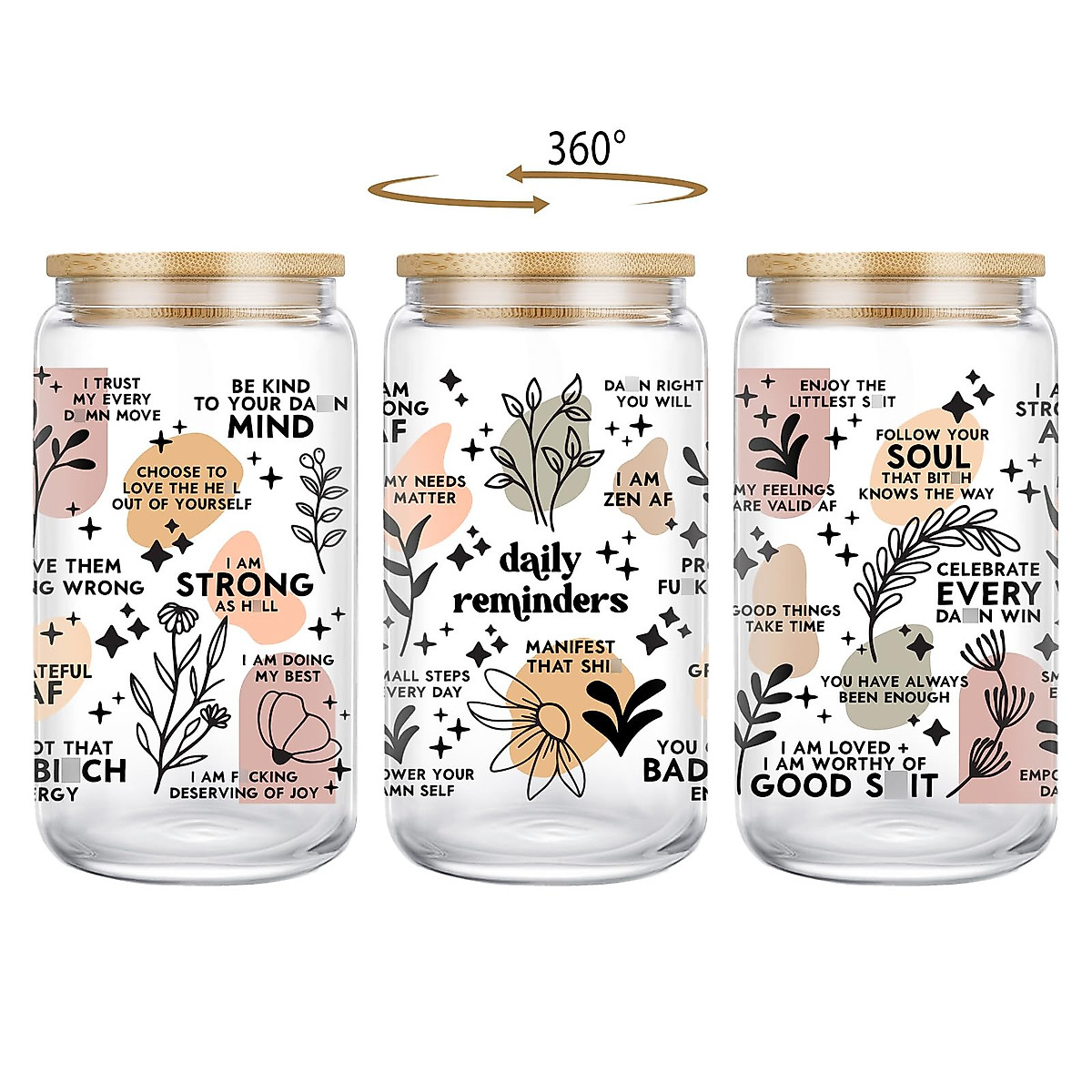 Coolife Positive Daily Affirmations Cup - Mental Health, Funny Sobriety, Christmas, Inspirational, Motivational Gifts for Women, 16 oz Drinking Tumbler Glass Cups w/Lids Straws for Iced Coffee