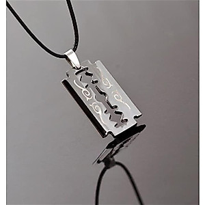 Gothic Blade Razor Shaver Pendant Necklace Stainless Steel Black Blade Dog Tag Leather Rope Choker Necklace for Women Men Hip Hop Goth Jewelry Gift