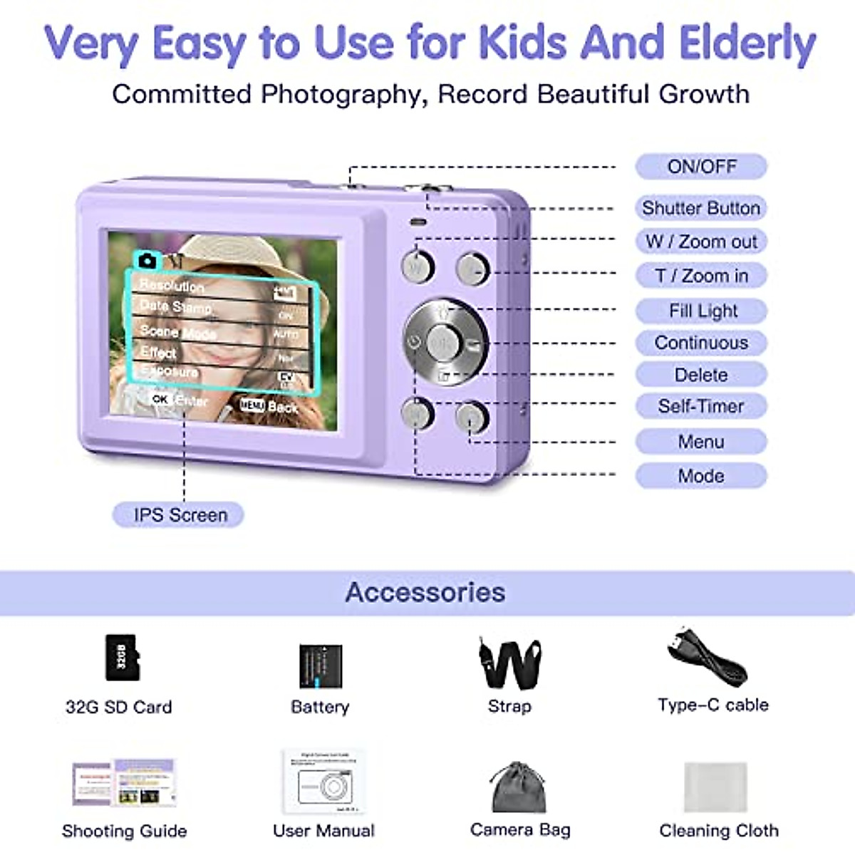 Newest Digital Camera, 1080P Digital Camera for Kids with 32GB Card Anti-Shake, Portable Point and Shoot Camera Fill Flash 16X Zoom, Small Camera