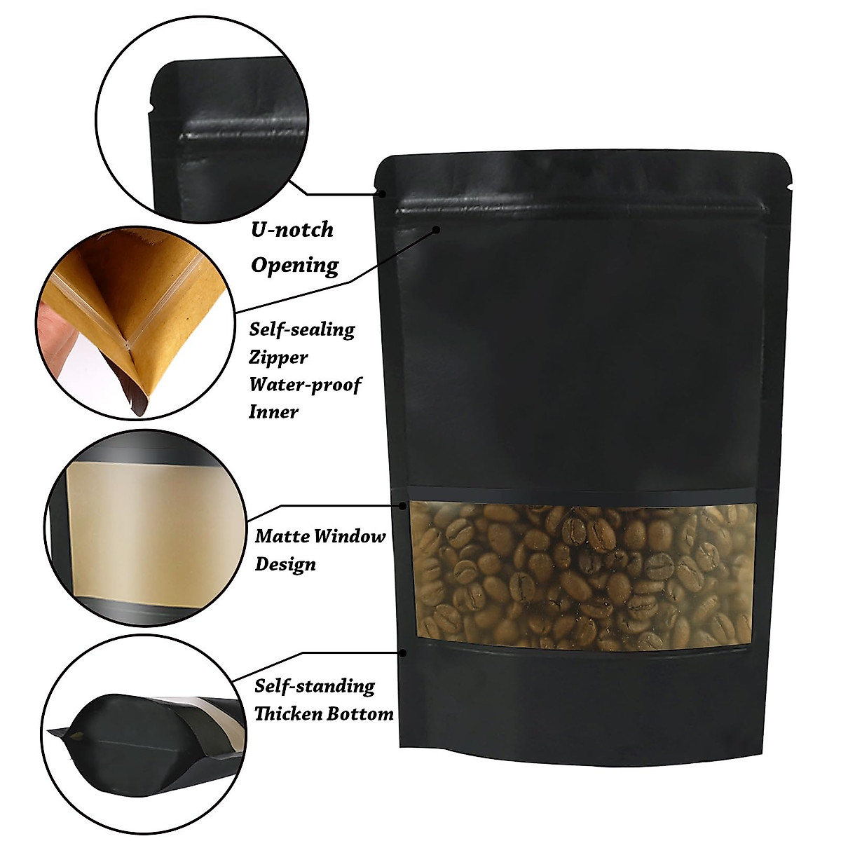 100 PCS Resealable Bags, Stand Up Kraft Paper Bags with Matte Window, Zipper Lock Food Storage Bags for Small Business and Home, 5.91 * 9.05 Inches Reusable Sealable Bags for Packaging - Black