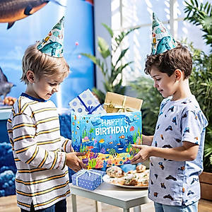 Sea Animals Party Supplies Ocean Animals Birthday Gift Bag with Tissue Papers Card Blue Under the Sea Birthday Wrapping Paper Bag for Underwater Pool Beach Birthday Baby Shower Party Decorations