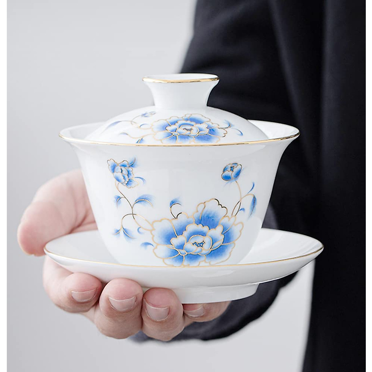 Emoyi White Gaiwan Teacup 4oz Lotus Chinese Kung Fu Sancai Tray Cup Tea Set Bowl Saucer with Lid